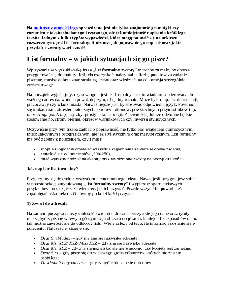 List Formalny Z Angielskiego | PDF