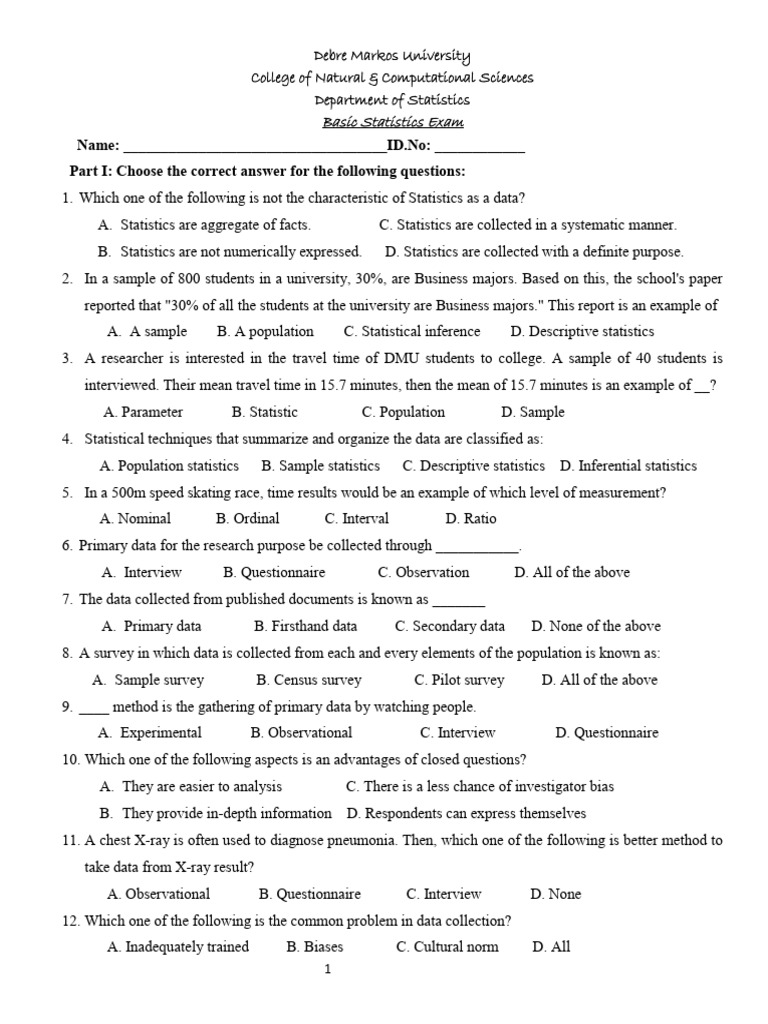 Basic Statistics Exam Questions | PDF | Errors And Residuals ...