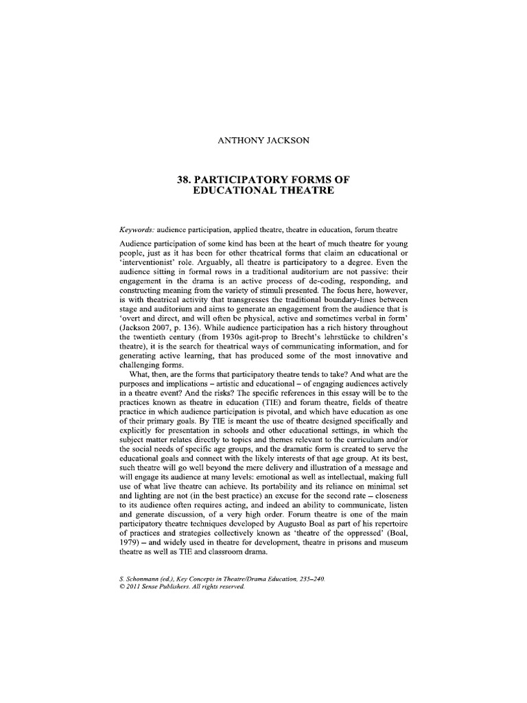 (Jackson 2011) Participatory Forms of Educational Theatre. | PDF