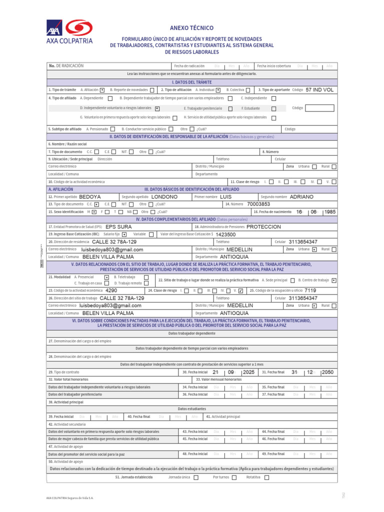 1185 - Formulario Unico de Afiliacion y Reporte de Novedades Ind y Est ARL Editable 2025[1 ...