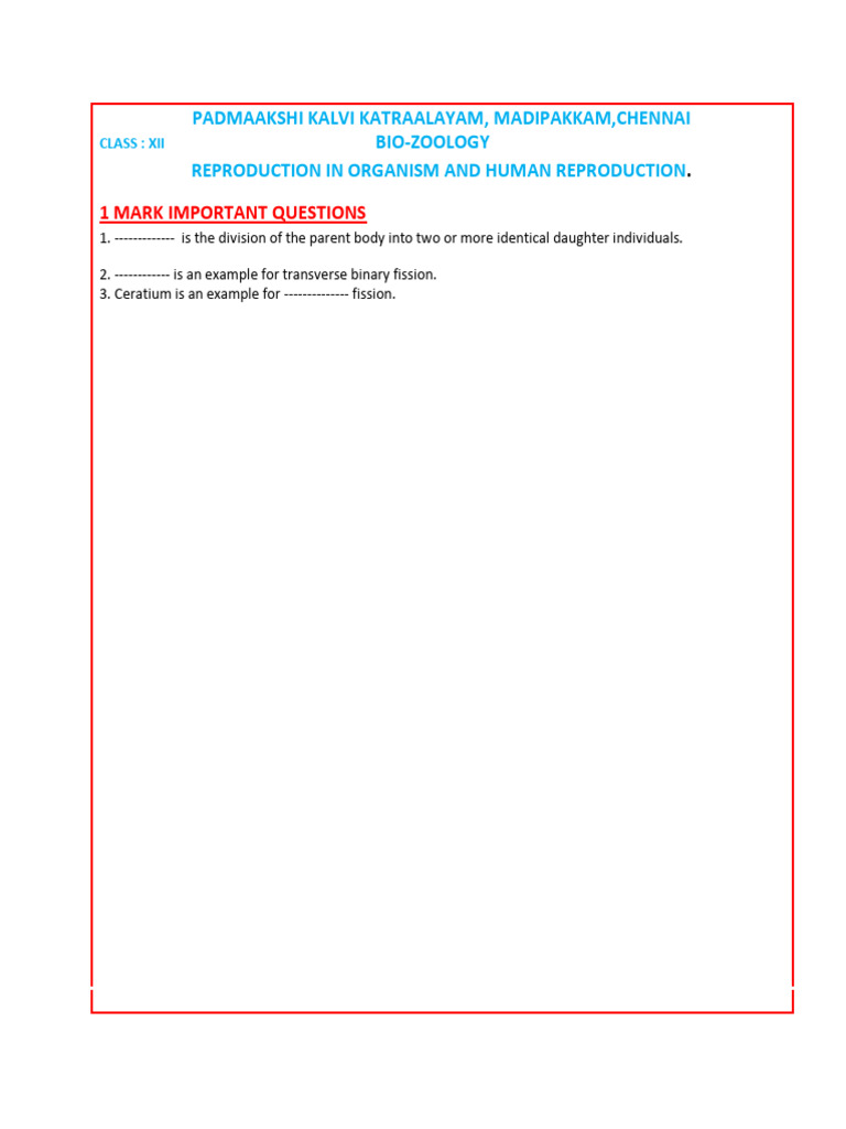 636097953682482643 Human Reproduction One Mark | PDF | Menstrual Cycle | Fertilisation