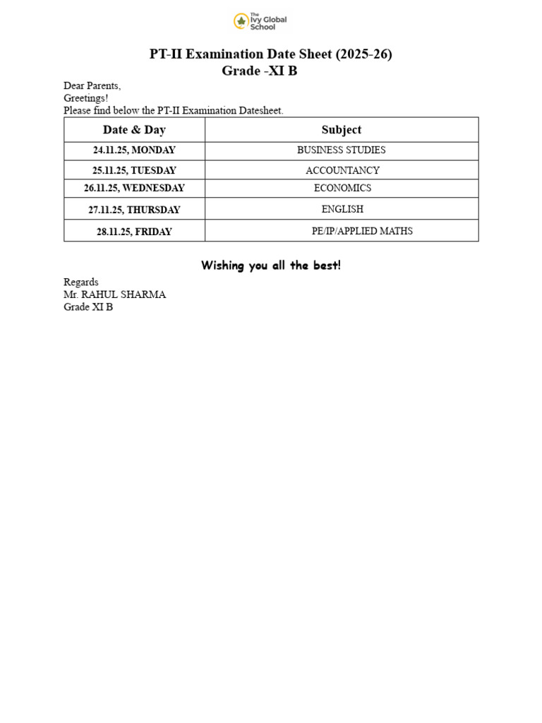 G 11B - PT-II Exam Date Sheet (2025-26) | PDF