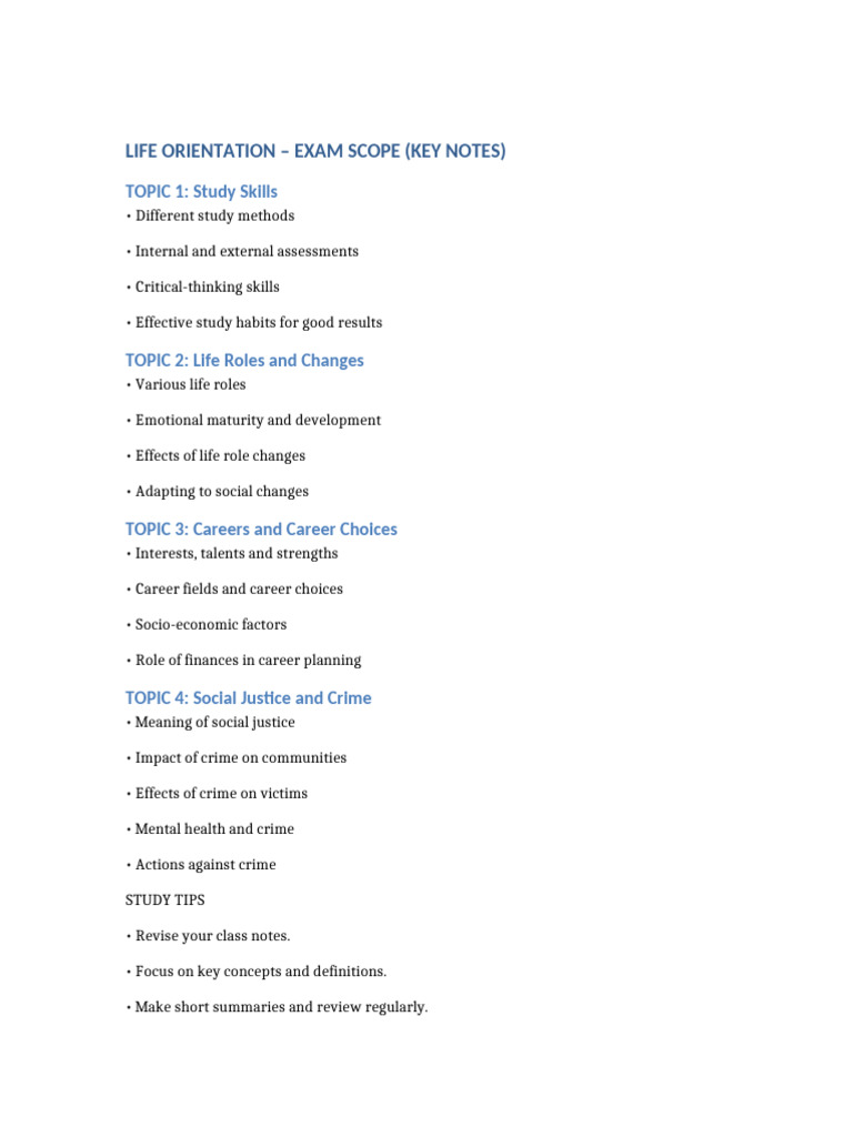 Life Orientation Exam Scope Key Notes | PDF