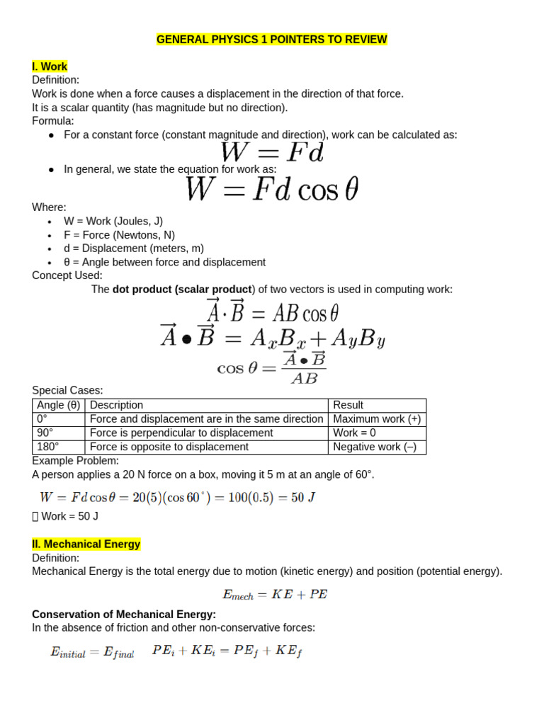 Physics Review: Work, Energy, Power | PDF | Force | Applied And ...