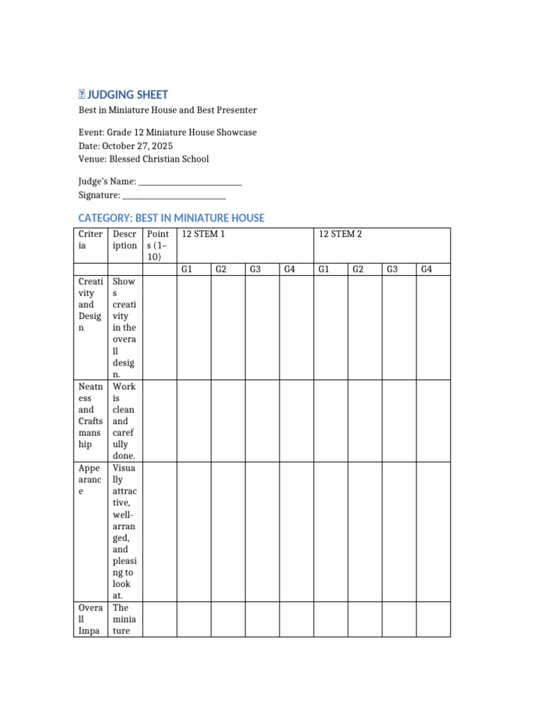 Miniature House Showcase Judging Sheet | PDF