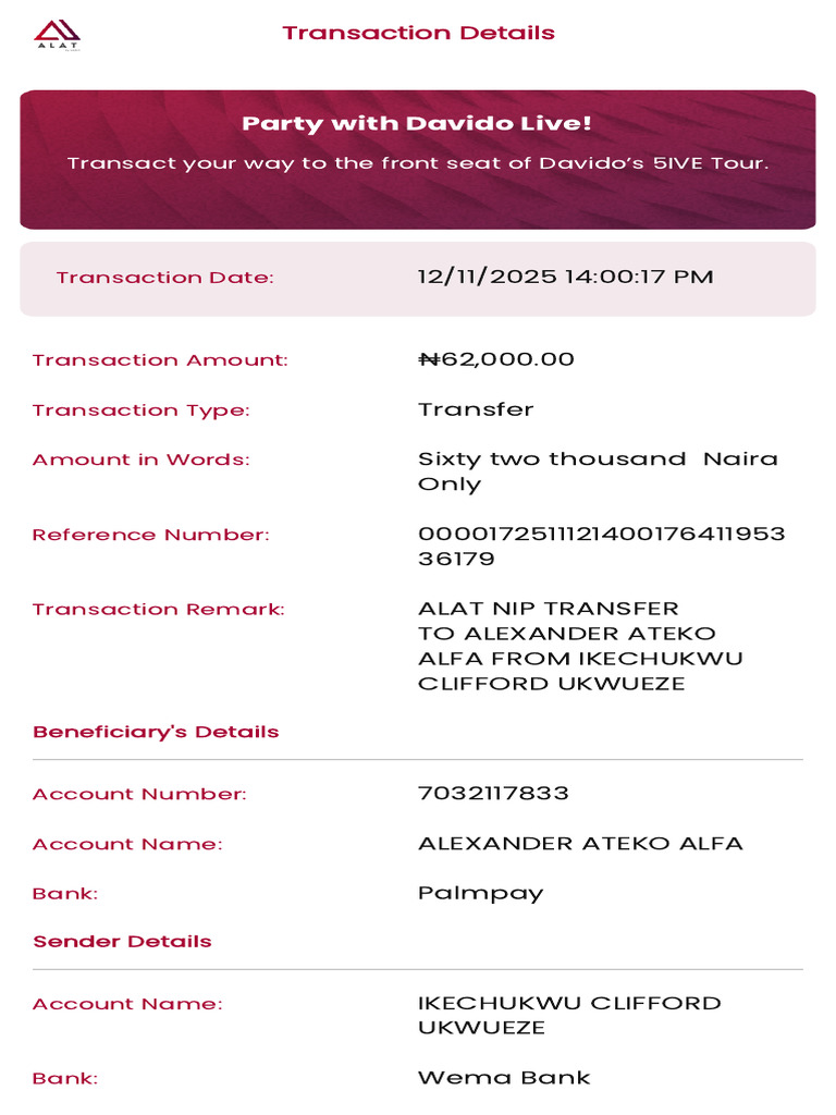 ALAT Transfer Receipt - ALEXANDER ATEKO ALFA - 7032117833 - ₦62,000.00 ...