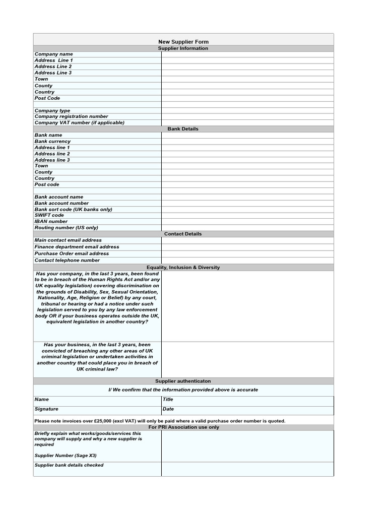 New Supplier Form - PRI | PDF