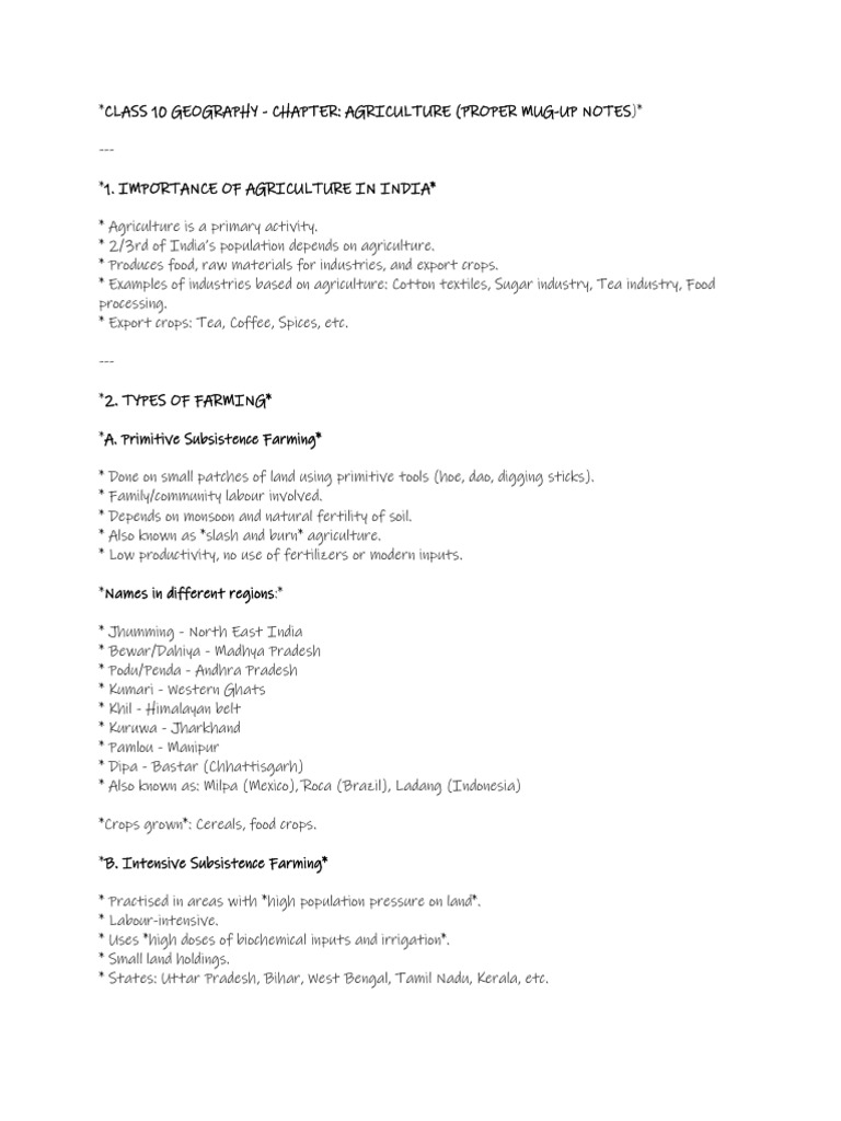Class 10 Agriculture Overview Notes | PDF | Agriculture | Crops
