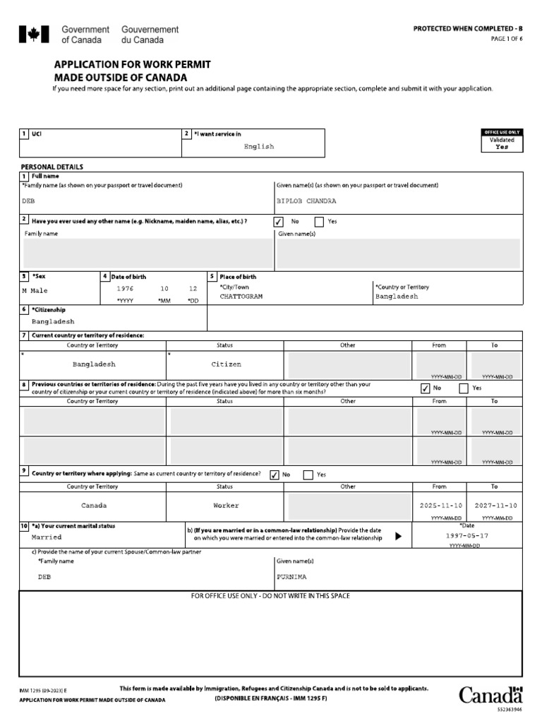 IMMI1295 Biplob Chandra Deb Canada Work Visa Application Form | PDF