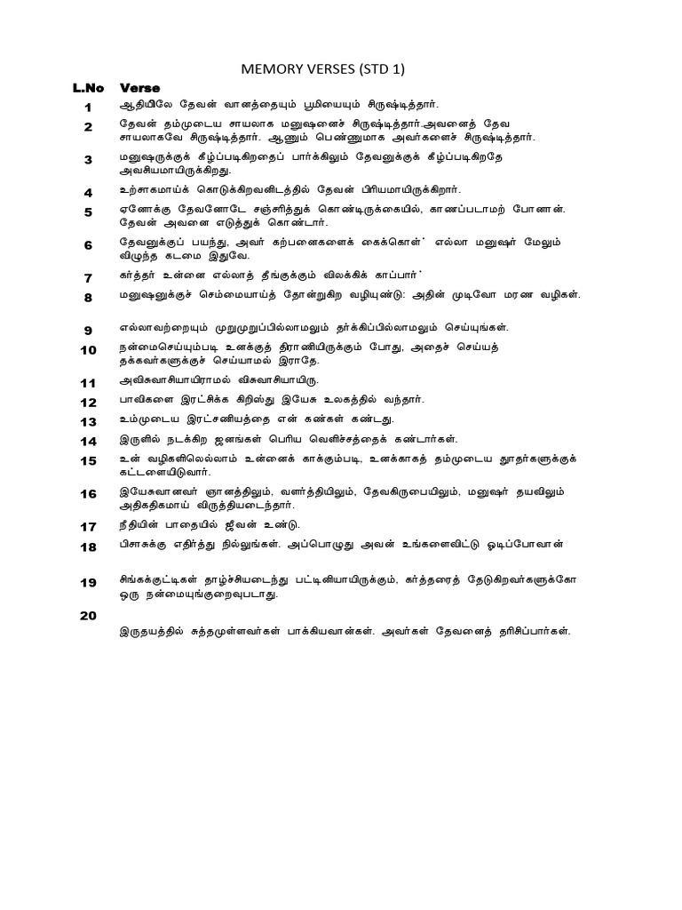 Memory Verses for Standard 1 | PDF