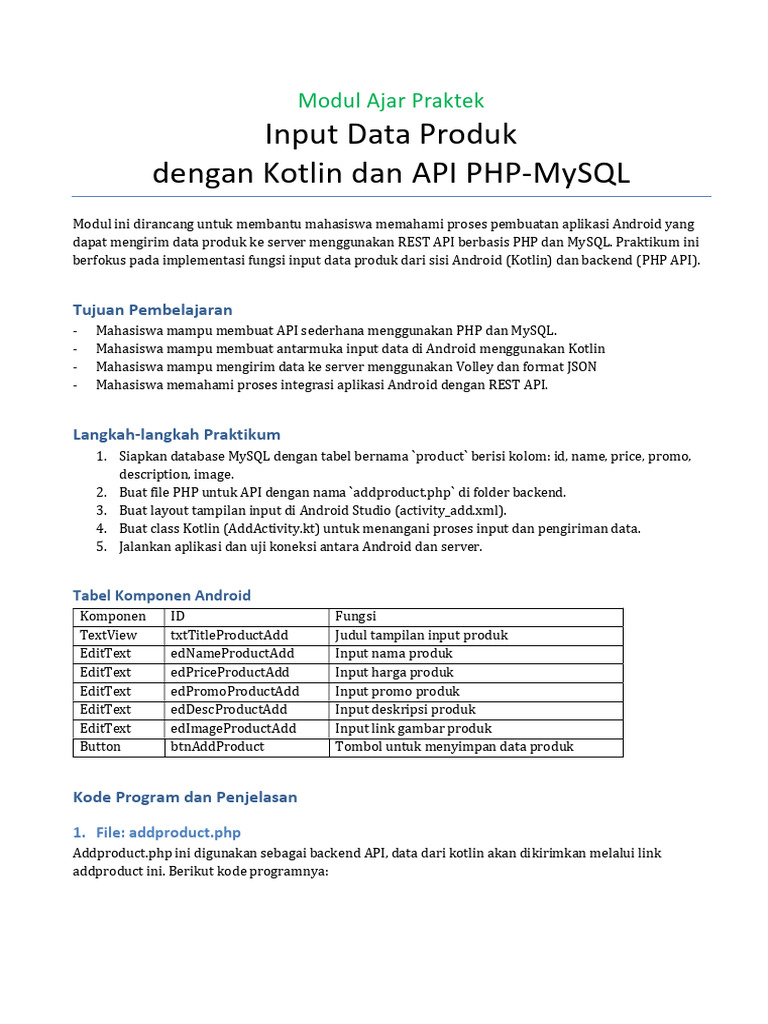 Modul Ajar Input Data Produk Dengan Kotlin Dan API PHP-MySQL | PDF