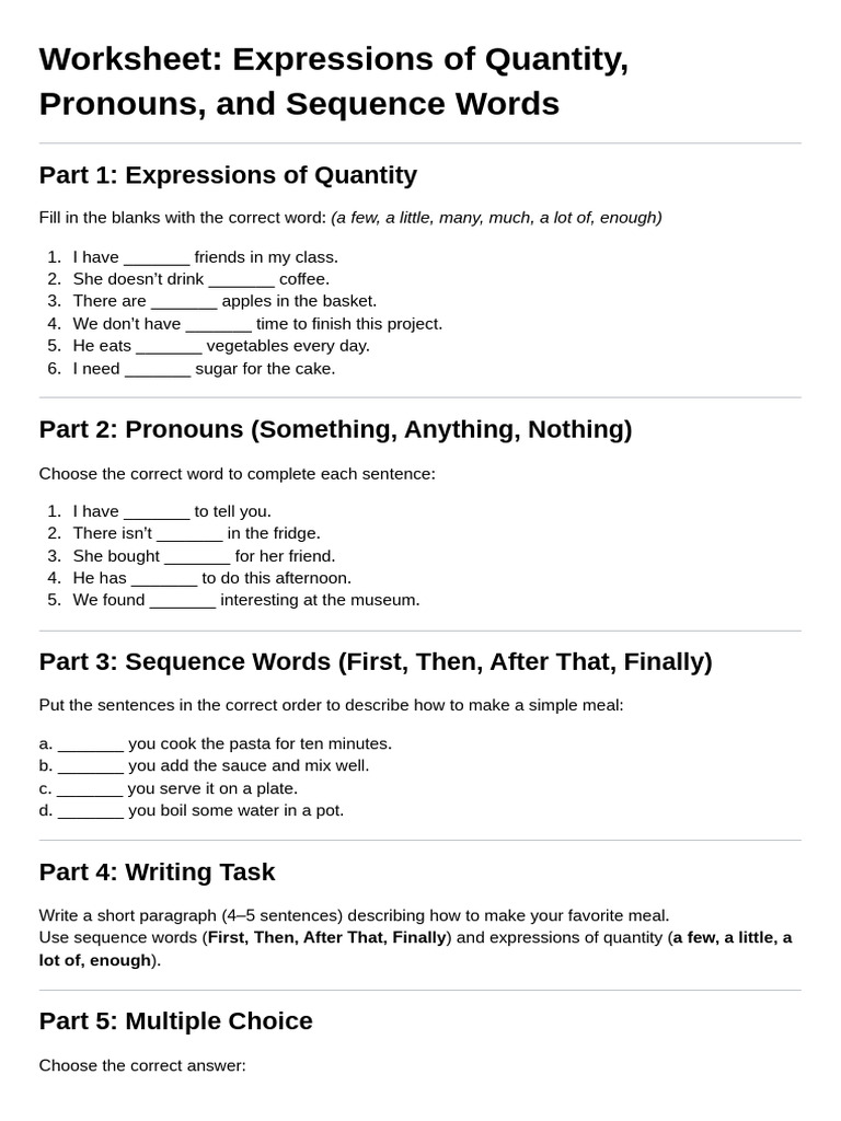 Worksheet Expressions of Quantity, Pronouns, and Sequence Words | PDF