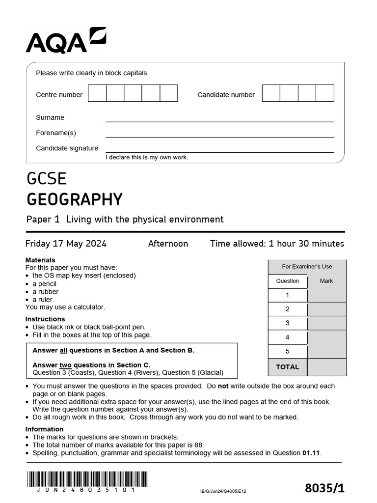 GCSE Geography Paper 1 Exam Guide | PDF | Valley | Glacier