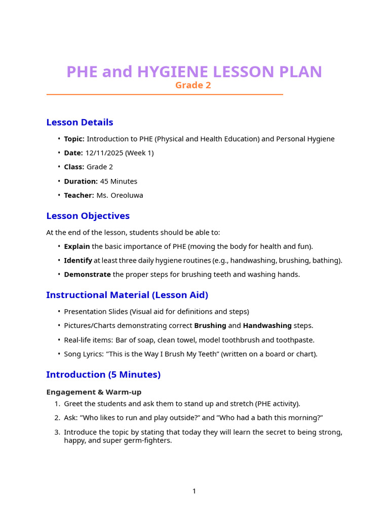PHE Lesson Plan - Introduction | PDF | Hand Washing | Hygiene
