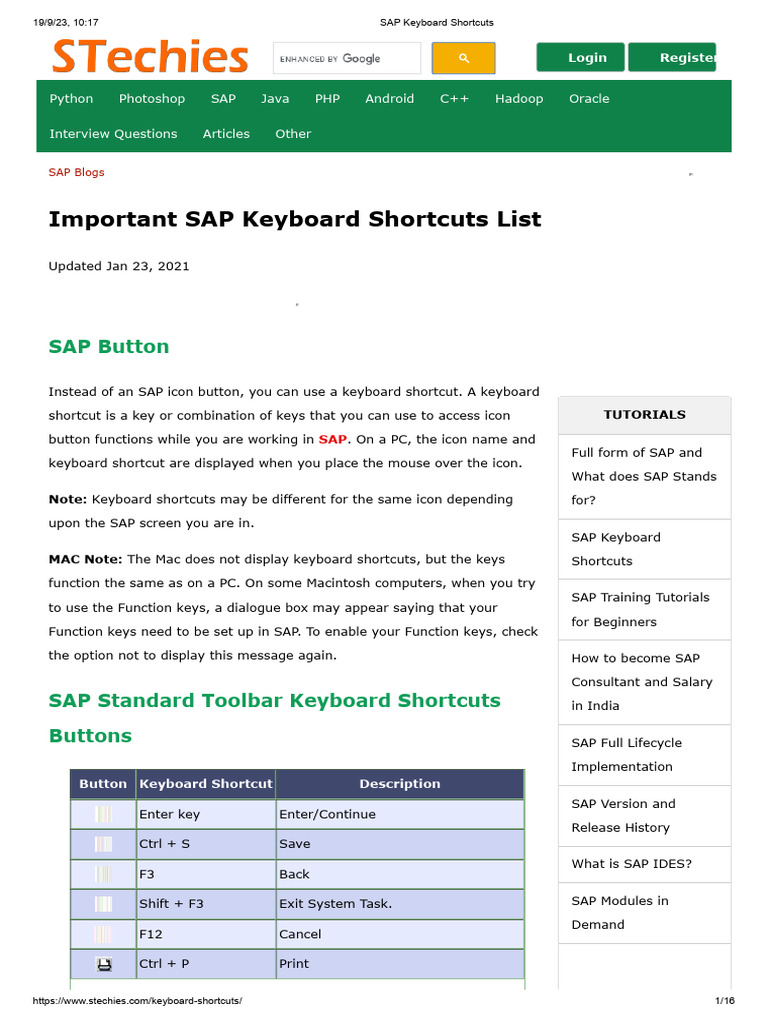 SAP Keyboard Shortcuts | PDF | Window (Computing) | Keyboard Shortcut