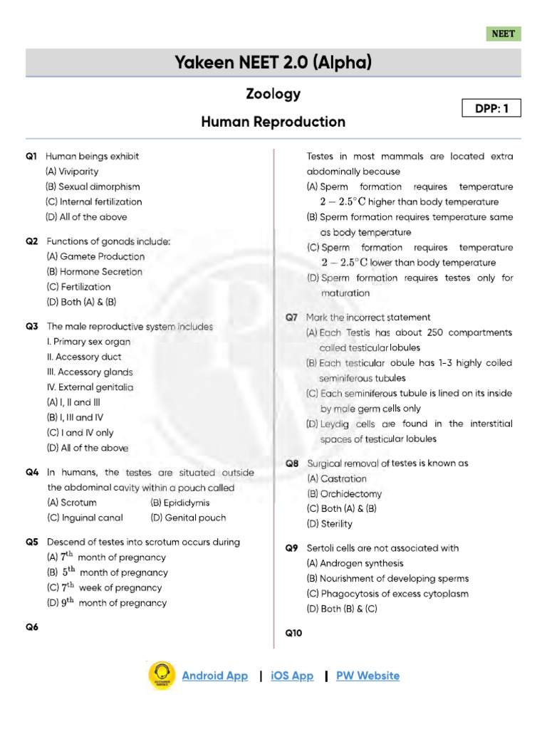 Human Reproduction _ DPP 01 __ Yakeen NEET 2.0 2024 (Alpha) | PDF