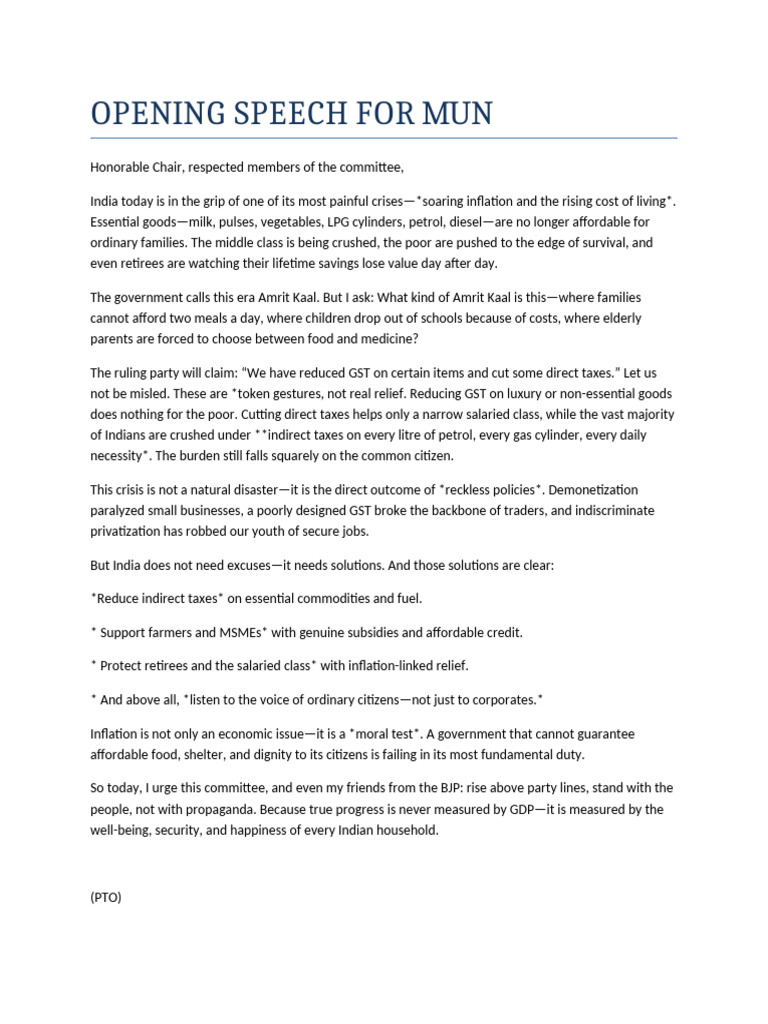 Opening Speech for Mun | PDF | Cost Of Living | Taxes