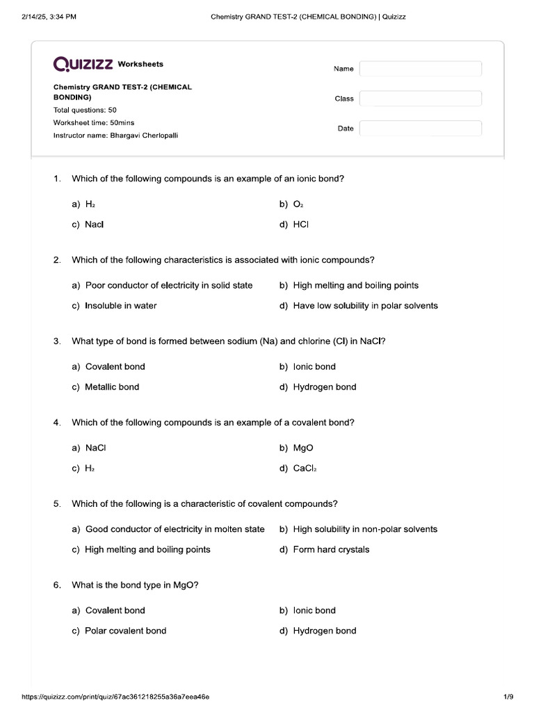 (Chemical Bonding) Grand Test-2 Worksheet | PDF