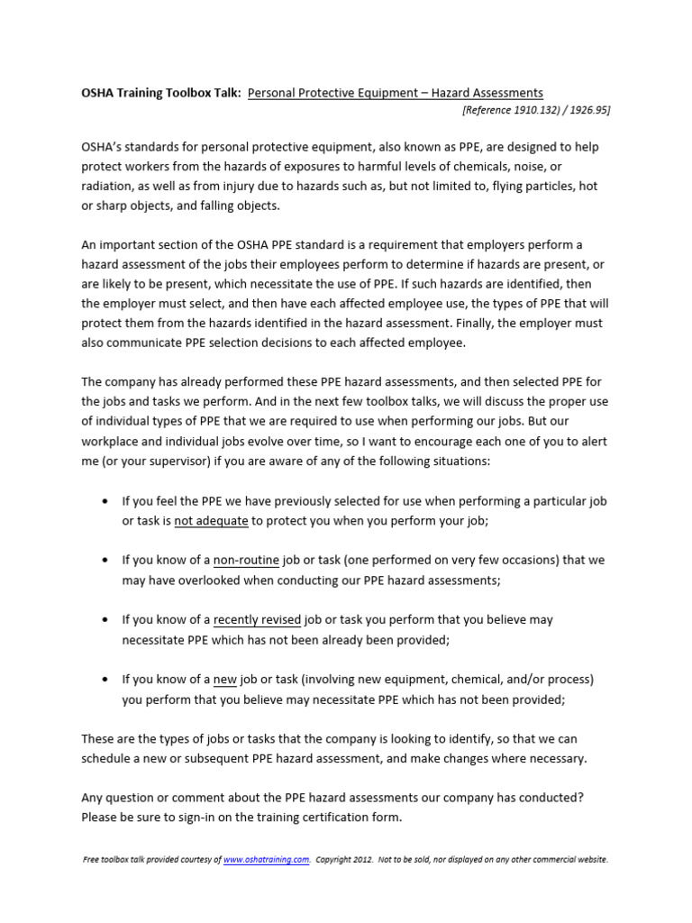 OSHA Training Toolbox Talk - Personal Protective Equipment - Hazard ...