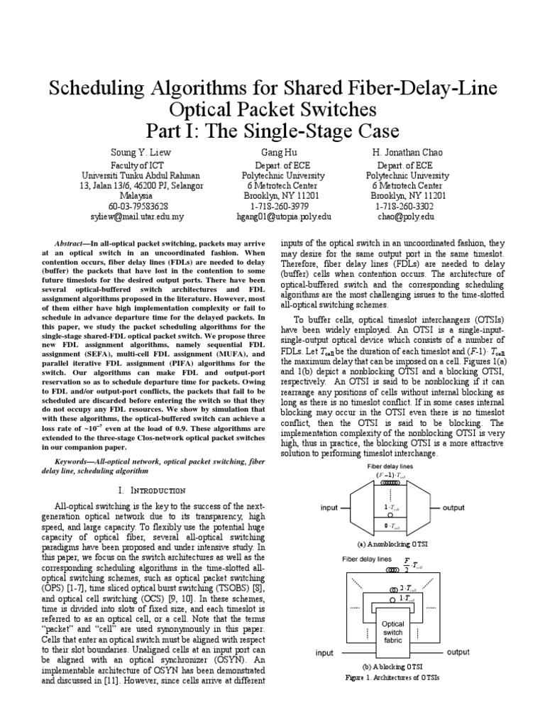 Scheduling Algorithms For Shared Fiber Delay Line Optical Packet Switches Part I The Single