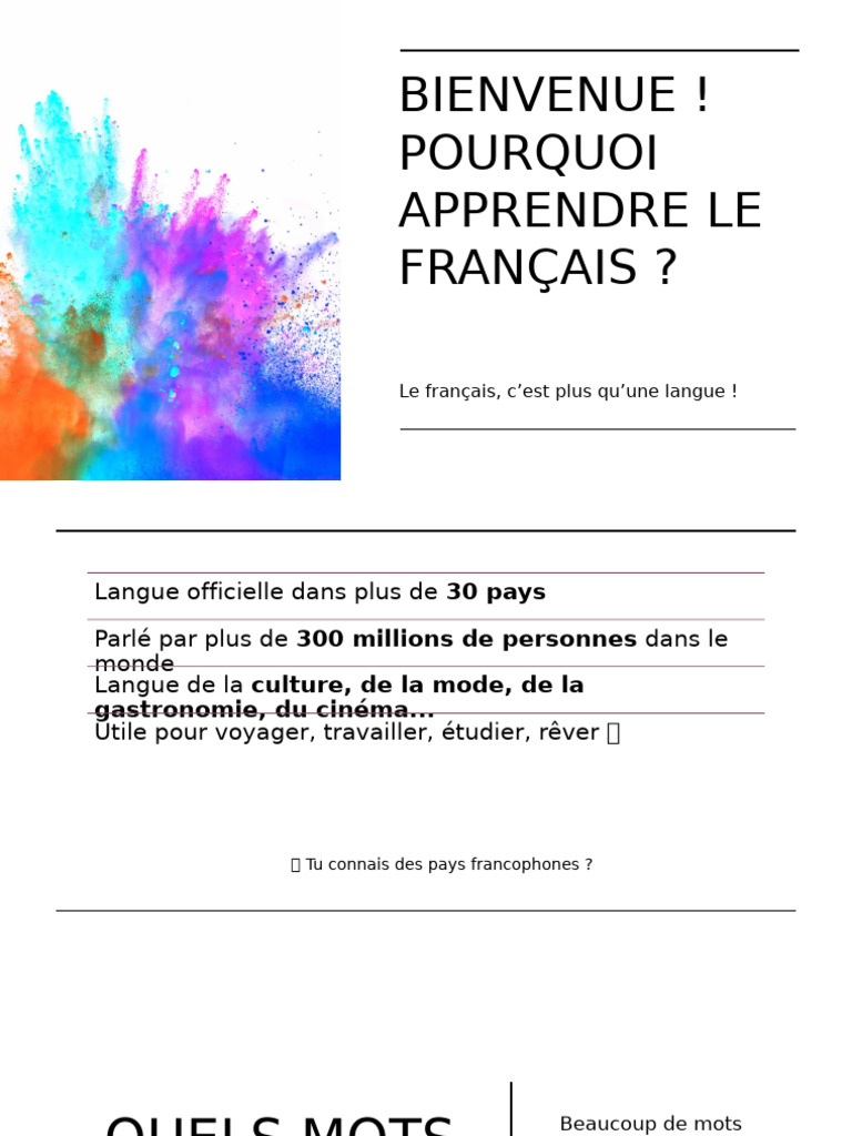 Bienvenue ! Pourquoi Apprendre Le Français | PDF