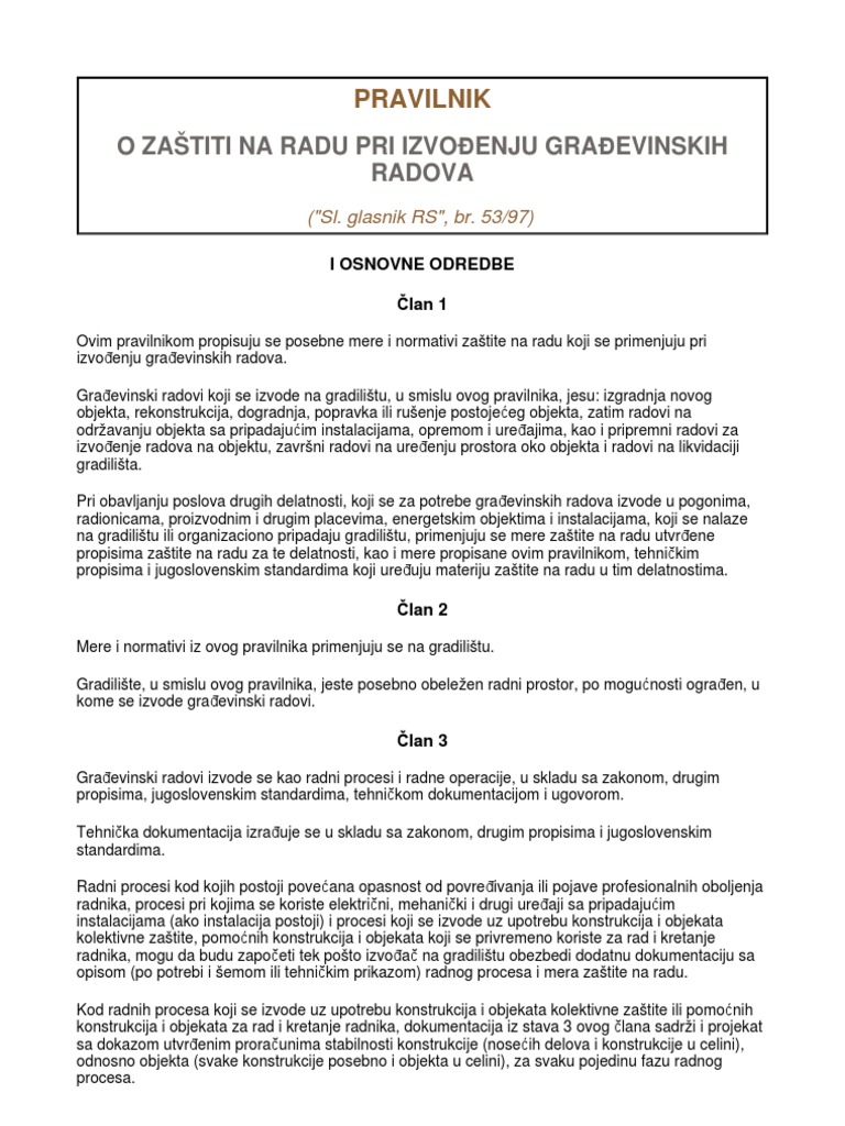 O Zaštiti Na Radu Pri Izvo Enju Gra Evinskih Radova: Pravilnik
