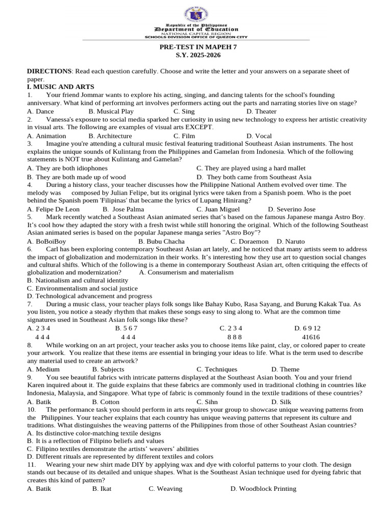 MAPEH 7 Pre-Test for S.Y. 2025-2026 | PDF | Eating Disorder | Textiles
