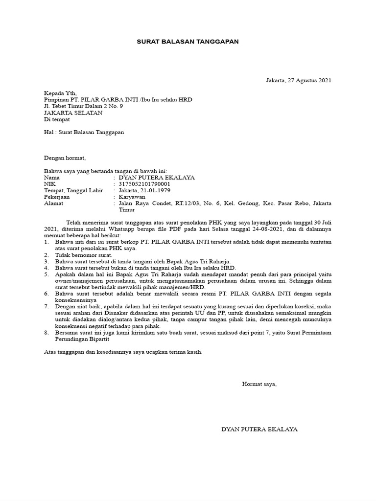 Surat Balasan Tanggapan PHK Karyawan | PDF