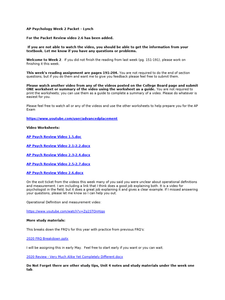 AP Psychology Week 2 Packet | PDF | Cerebrum | Cerebellum