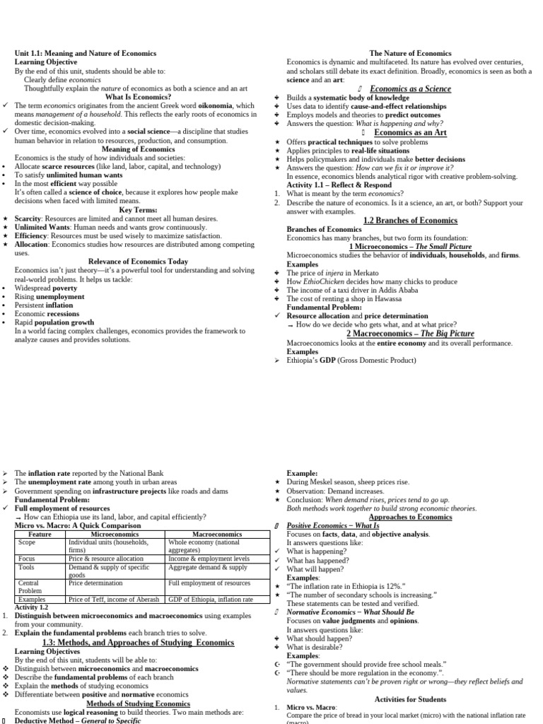 Grade - Nine (9) - Economics Handout - Unit 1 | PDF | Economics | Macroeconomics