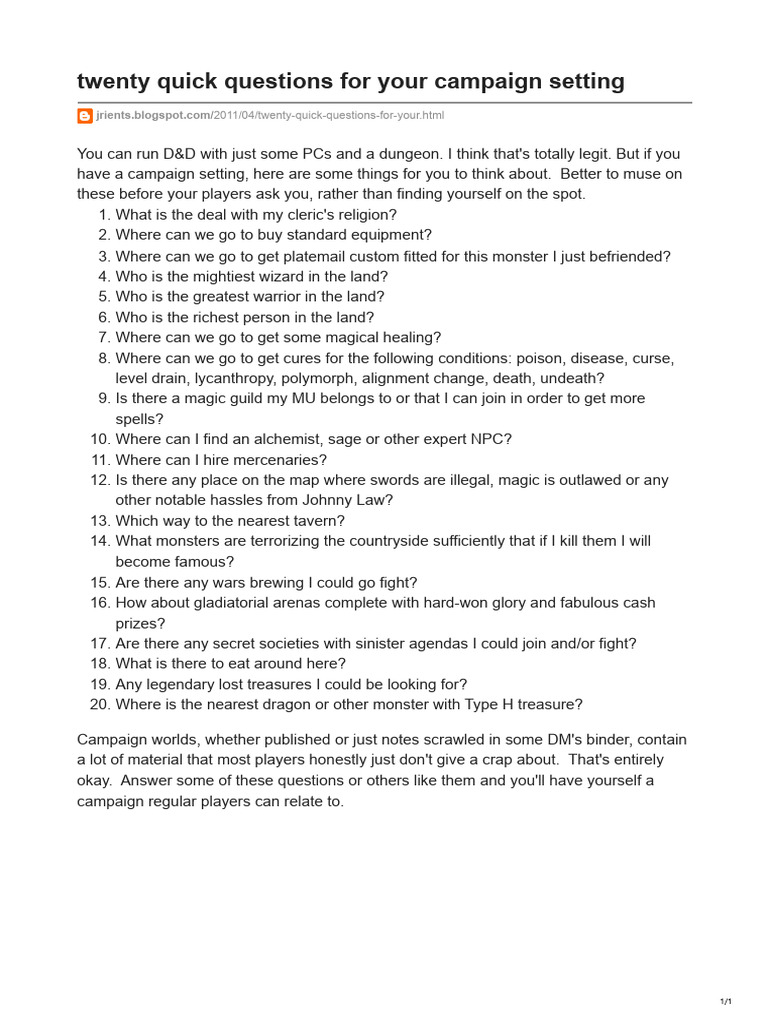 Twenty Quick Questions For Your Campaign Setting | PDF