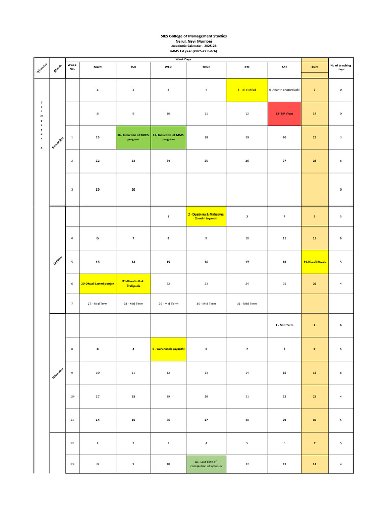 SIES College MMS Academic Calendar 2025-26 | PDF
