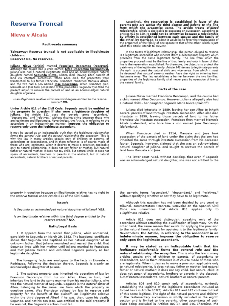 Illegitimacy and Reserva Troncal Rights | PDF | Intestacy | Common Law