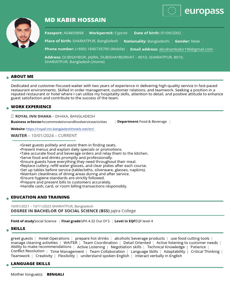 Experienced Waiter CV - MD Kabir Hossain | PDF | Restaurants | Waiting ...