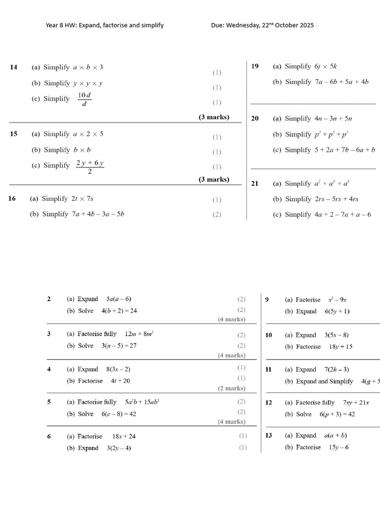Year 8 HW: Expand, Factorise and Simplify Due: Wednesday, 22 October ...