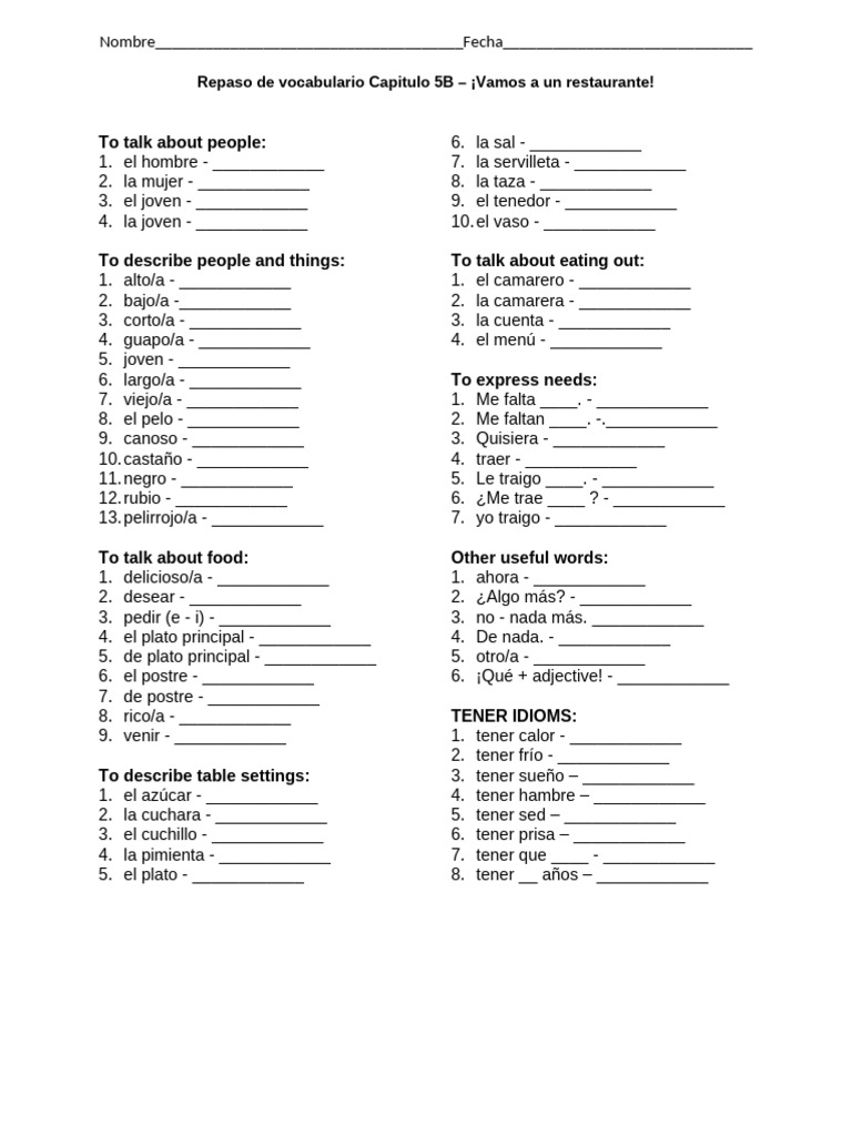 Repaso de Capitulo 5B Vocabulario | PDF