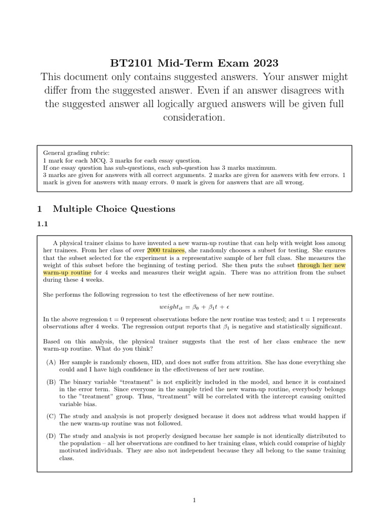 2023 BT2101 Mid-Term Exam | PDF | P Value | Statistics