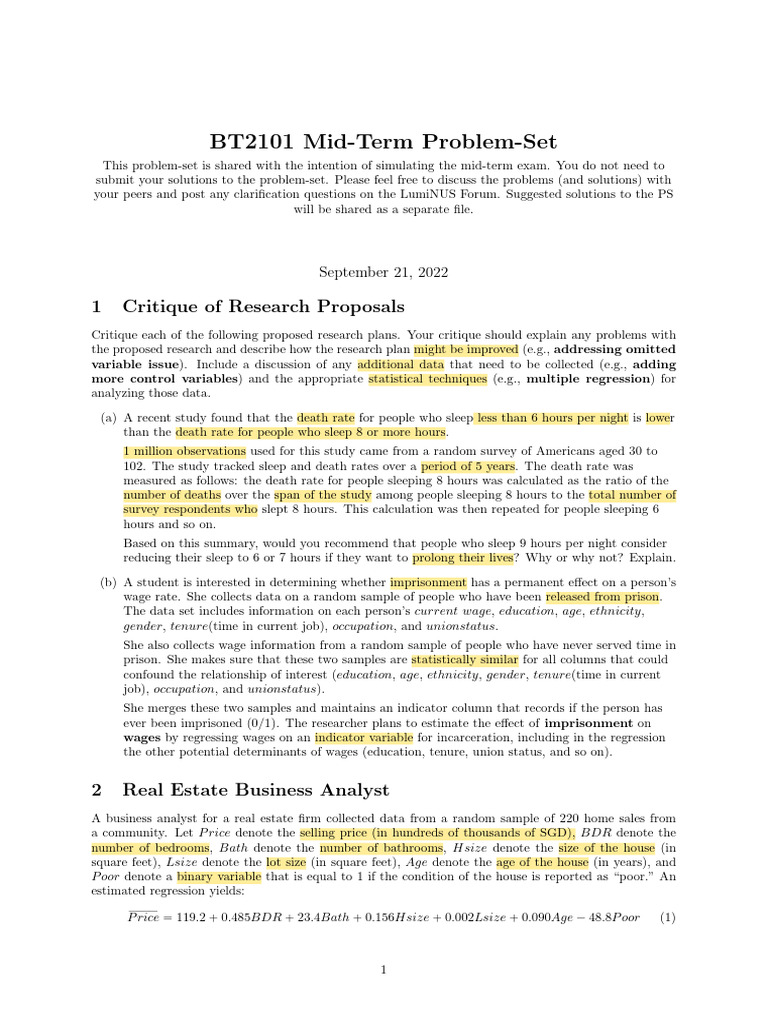 2022 BT2101 Mid Term Practice | PDF | Linear Regression | Dependent And ...
