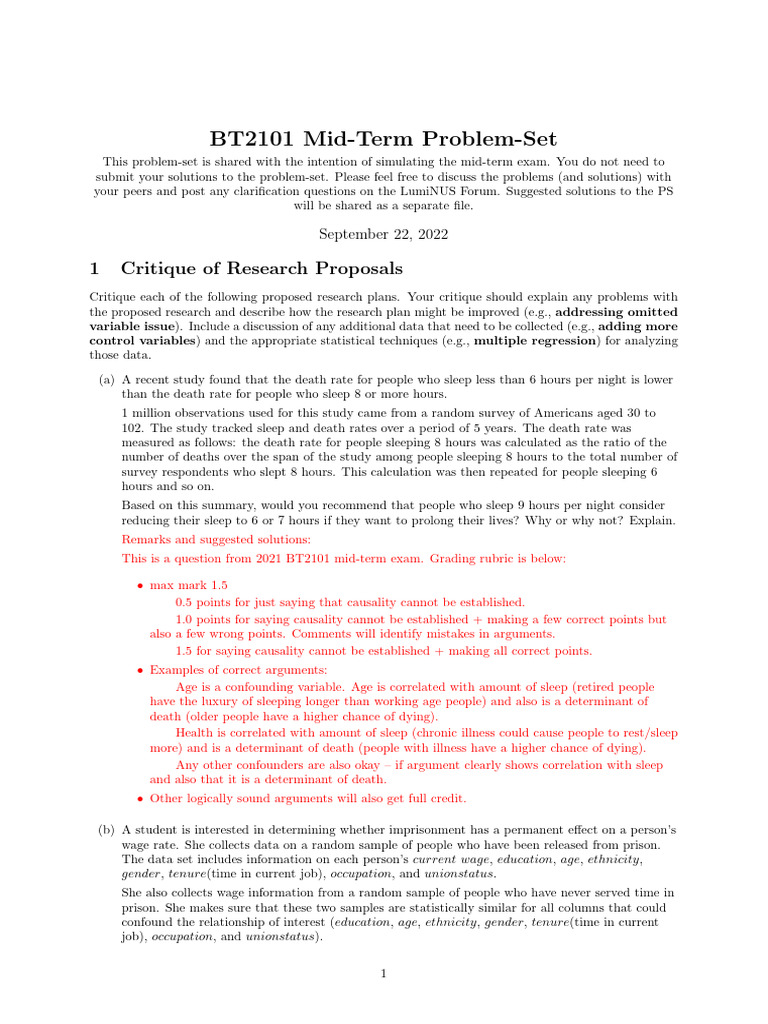 2022 BT2101 Mid Term Practice Soln | PDF | Regression Analysis ...