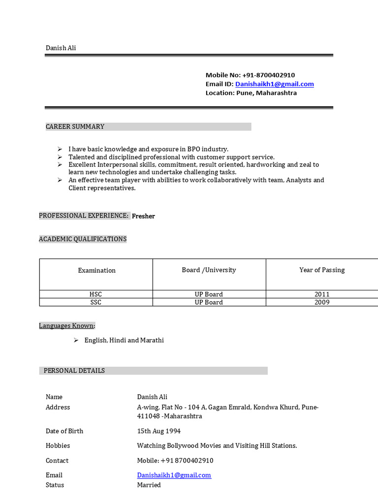 Danish Resume Fresher Pdf