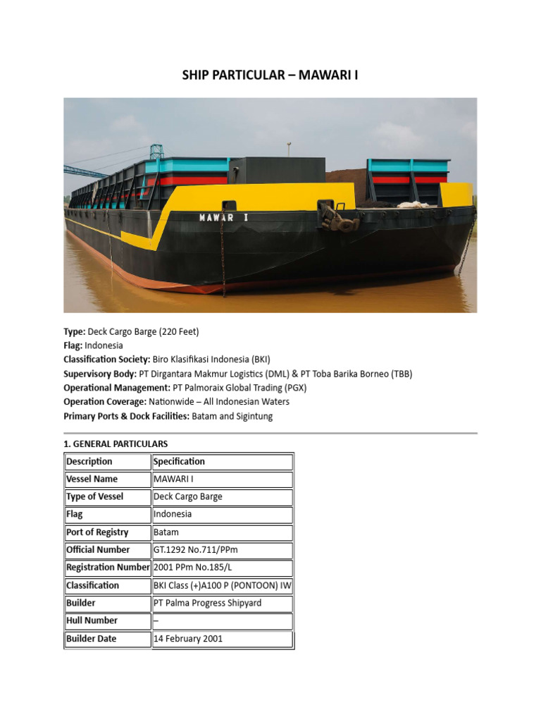 Mawari I: Deck Cargo Barge Details | PDF | Tonnage | Hull (Watercraft)