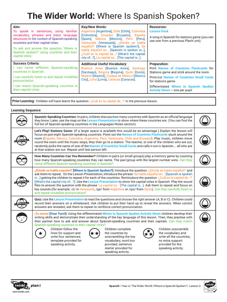 Lesson Plan - Where Is Spanish Spoken | PDF | Spanish Language | Learning