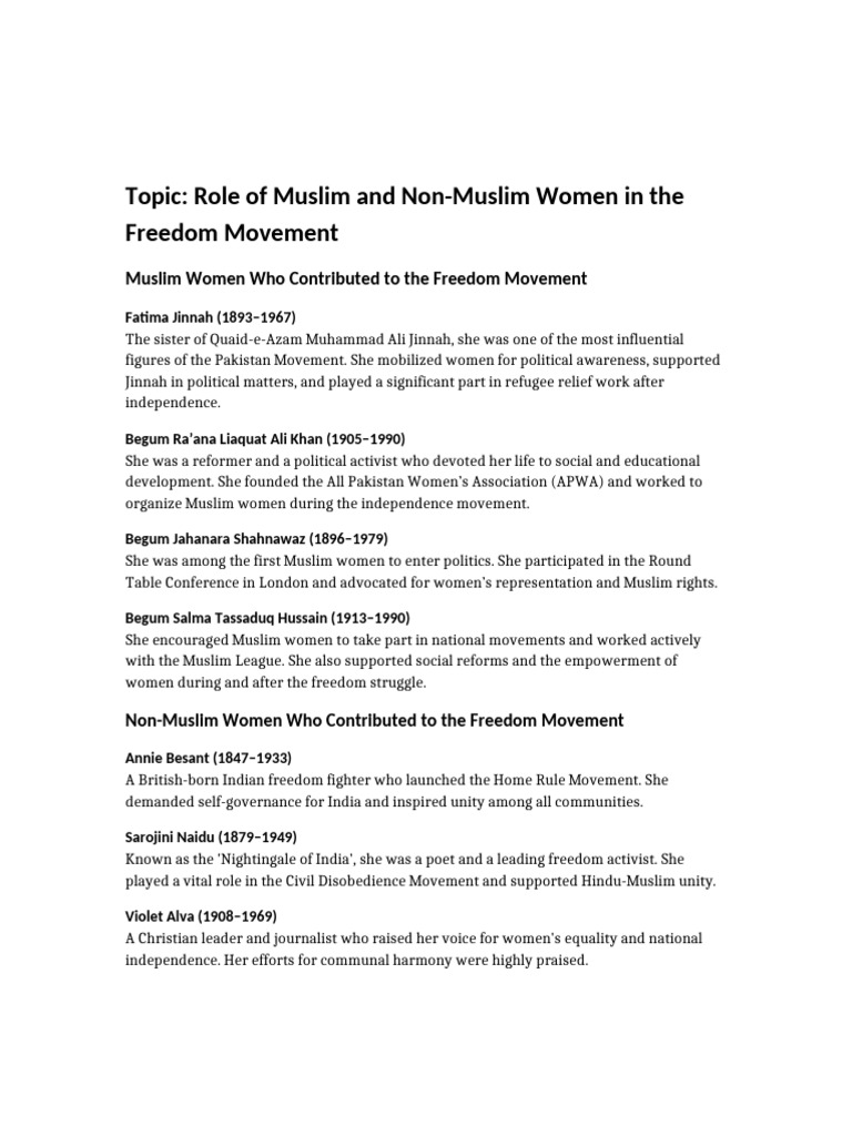 Role of Women in Freedom Movement | PDF