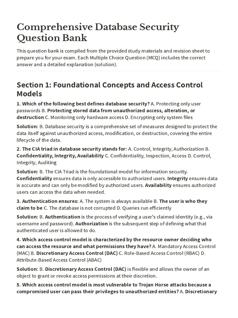 Database Security MCQ Question Bank | PDF | Computer Access Control ...