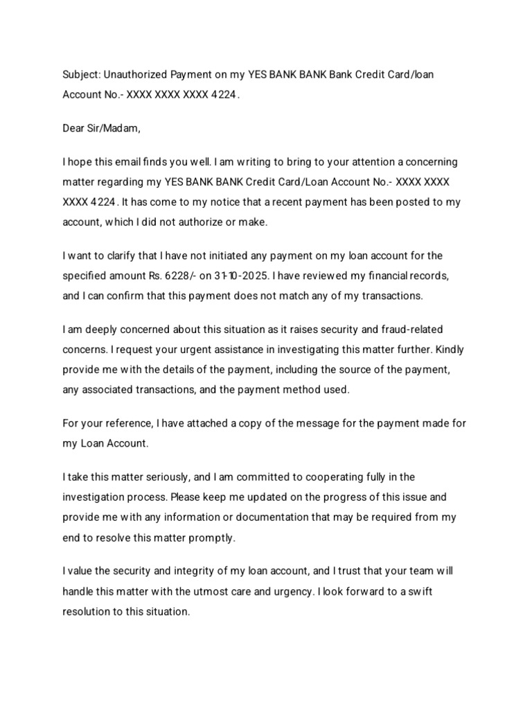 Unauthorized Payment Inquiry for YES BANK | PDF