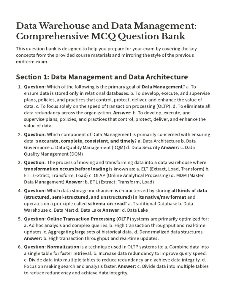 Data Warehouse and Data Management Comprehensive MCQ Question Bank ...