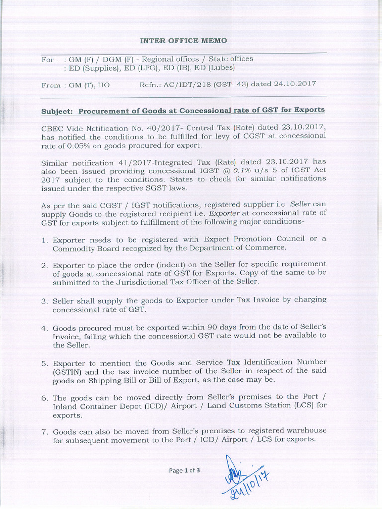 GST Circular 43 - 24.10.2017 - GST Rate on Export | PDF