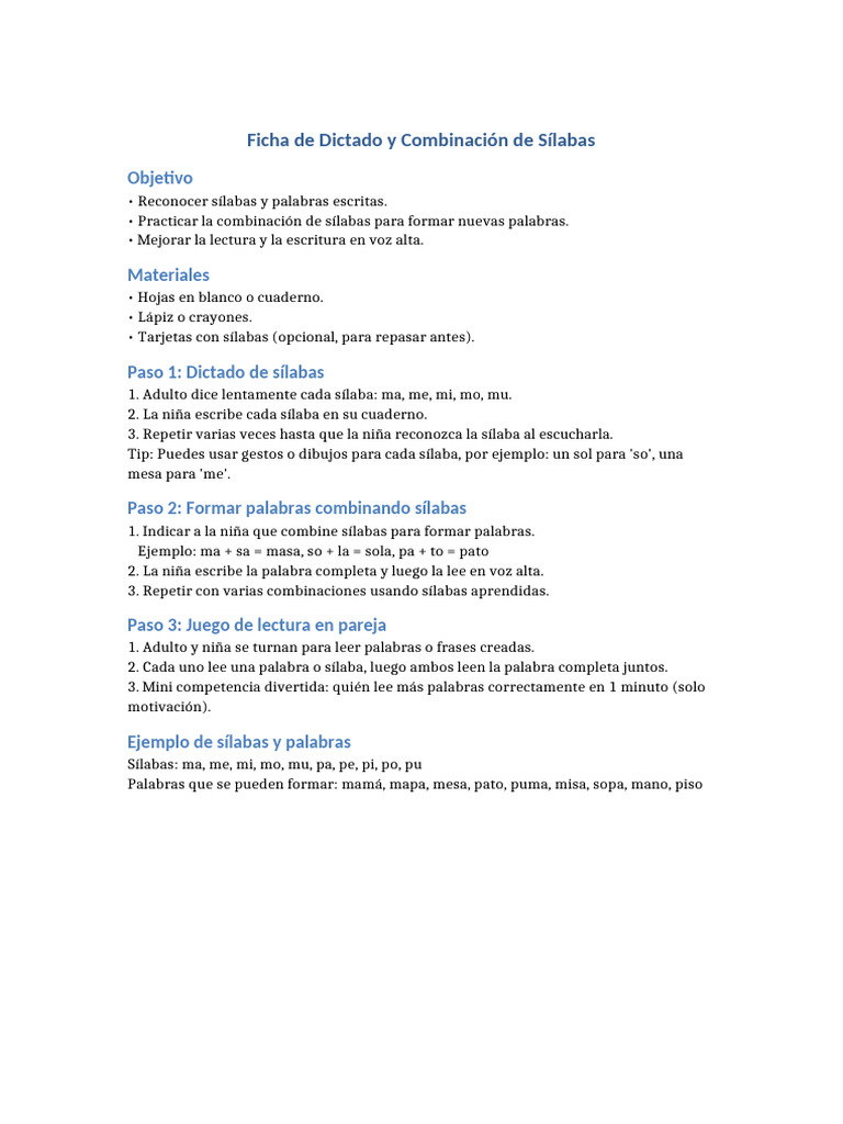 Ficha Dictado Silabas | PDF