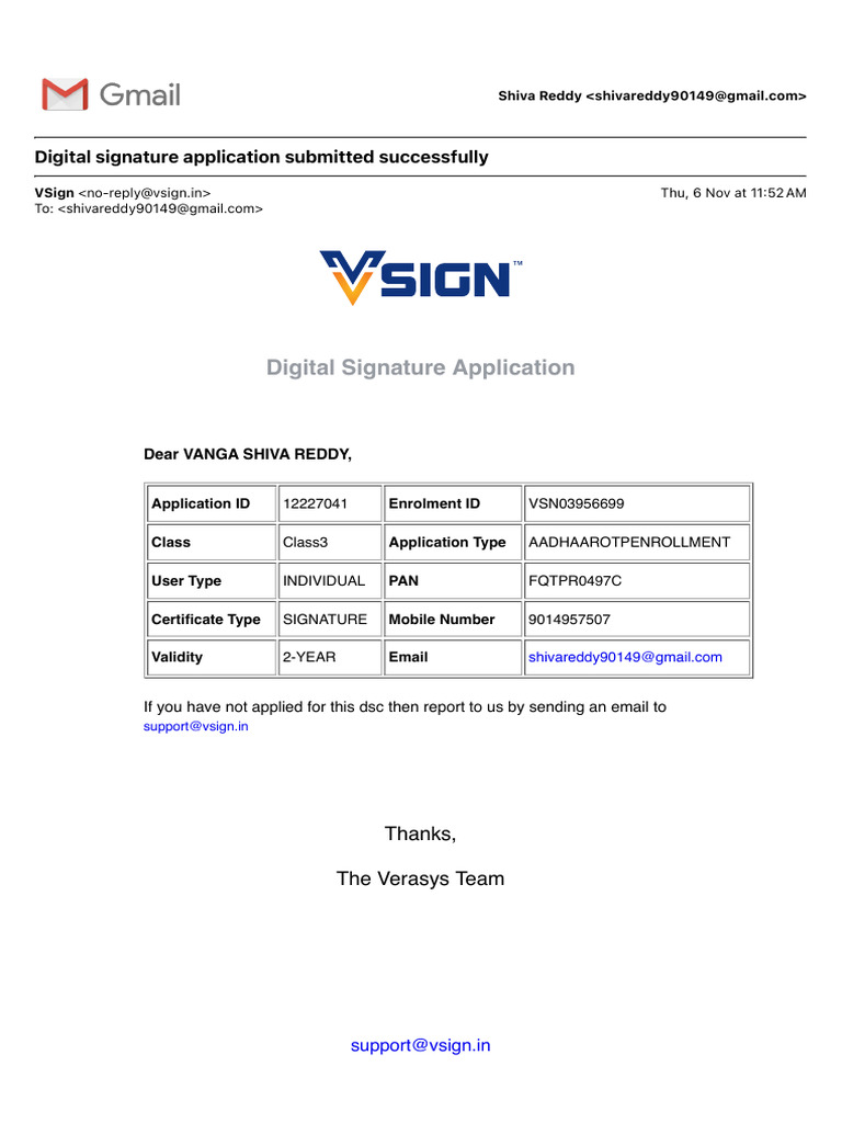 Digital Signature Application Submitted Successfully | PDF