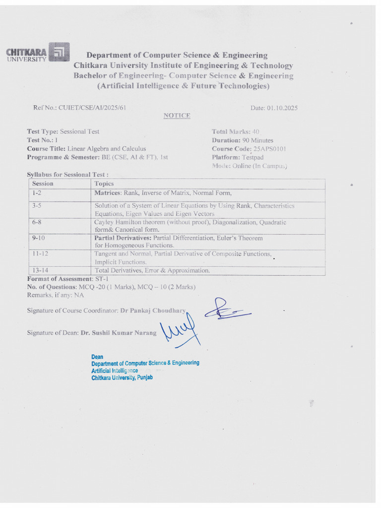 Circular 20251003160009 Aift-Linear Algebra and Calculus, 1st Sem | PDF